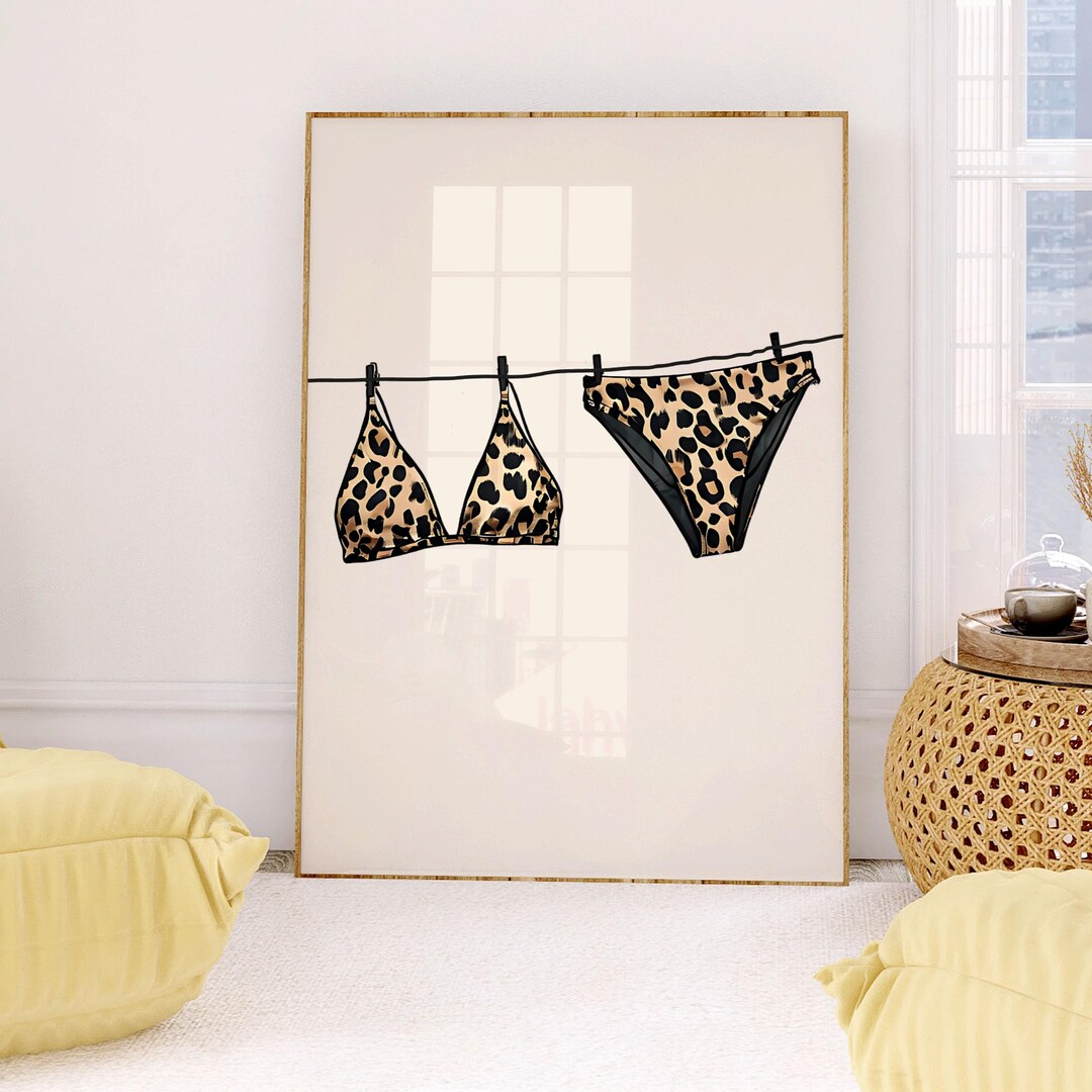 Bikini Wall Art Beige Leopard Pattern Swimsuit Poster Coastal Cowgirl ...