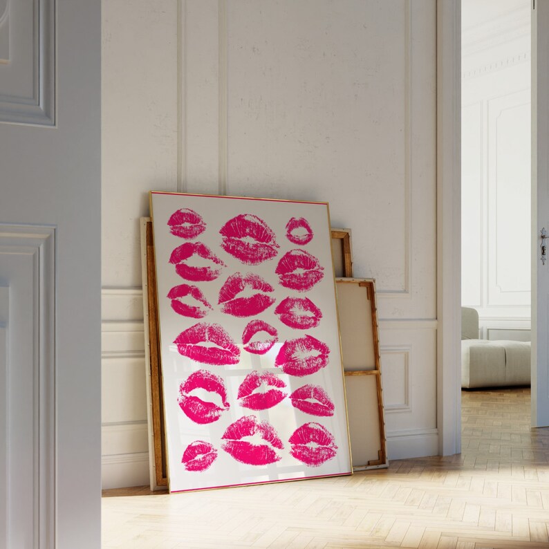Kiss Lips Wall Art, Pink Lips Print, Trendy Digital Prints, Dorm Poster ...