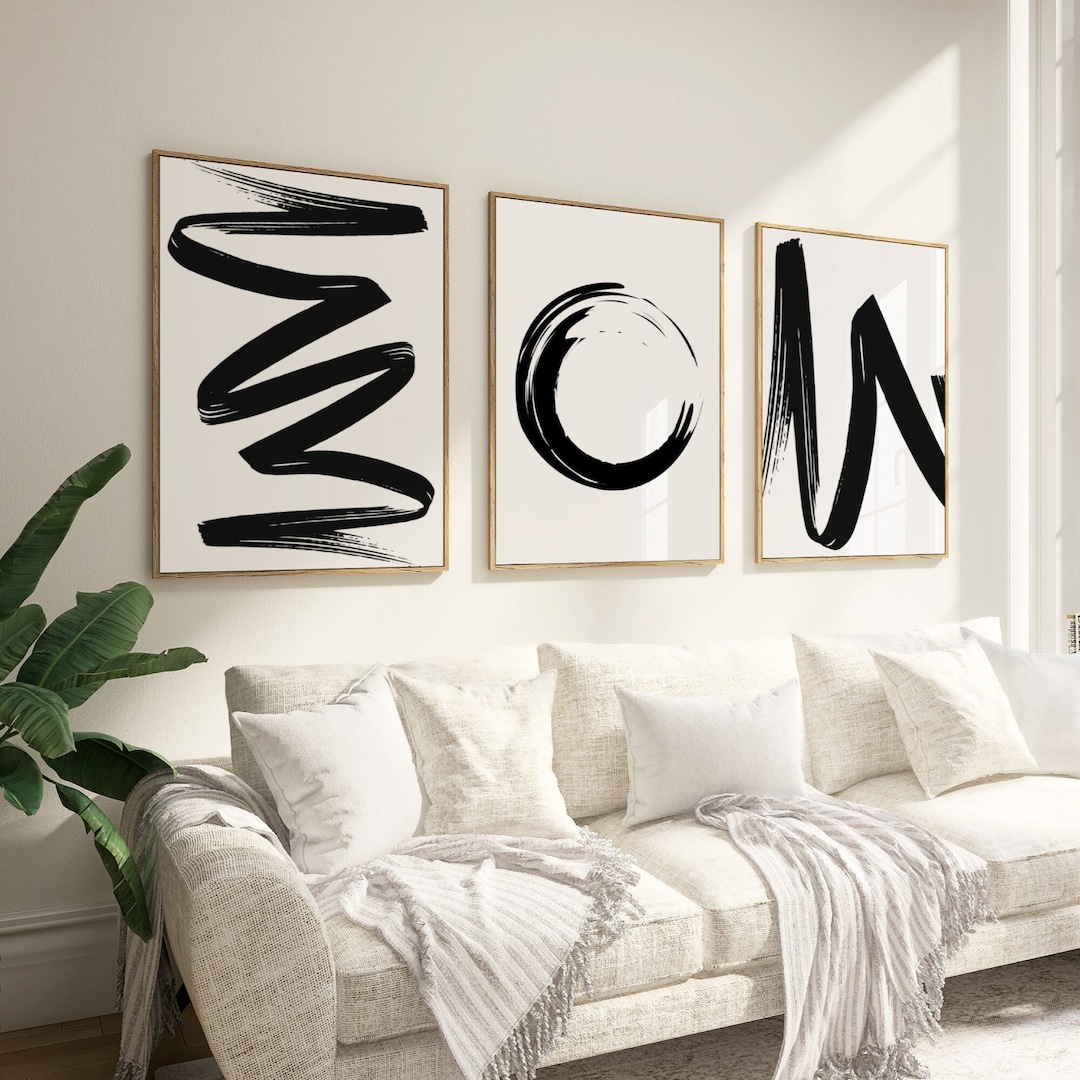 Minimalist Black Abstract Prints, Set of 3 Prints, Black and White ...