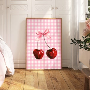 Cherry Print Pink Checkered Wall Art Cherries Printable Wall Art Pink ...