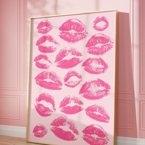 Kiss Lips Wall Art, Pink Lips Print, Trendy Digital Prints, Preppy Dorm ...