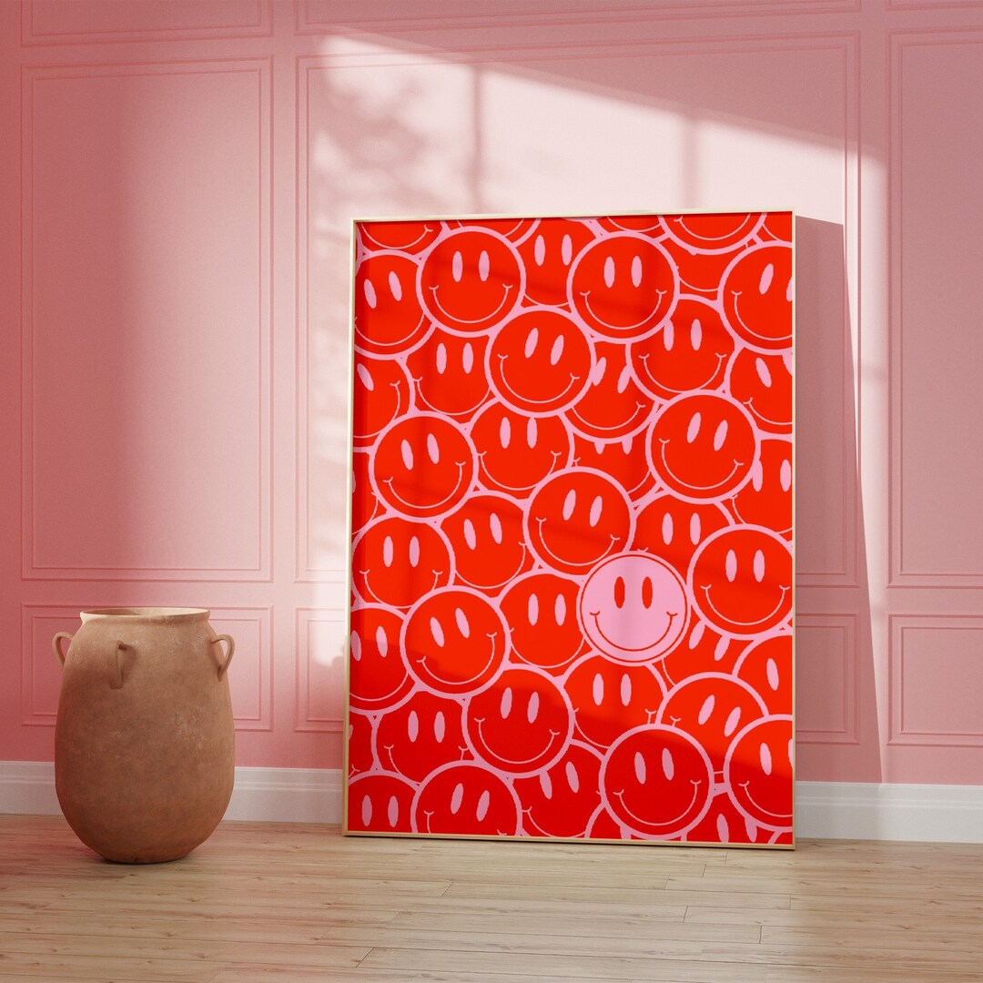 Pink Smiley Face Poster, Pink Orange Preppy Prints, Fun Smileys Wall ...