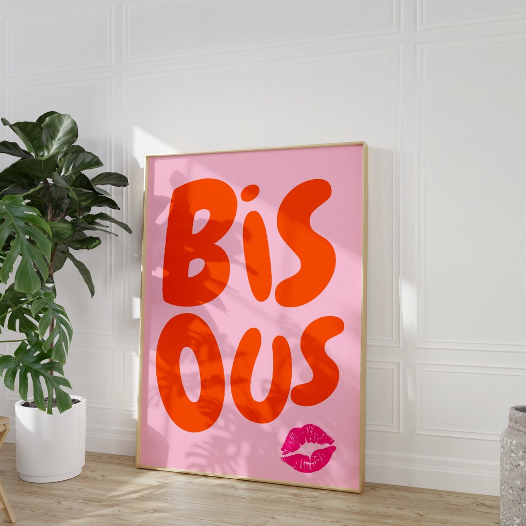 Bisous Print, French Quote Poster, Pink Orange Wall Art, Feminine Wall ...