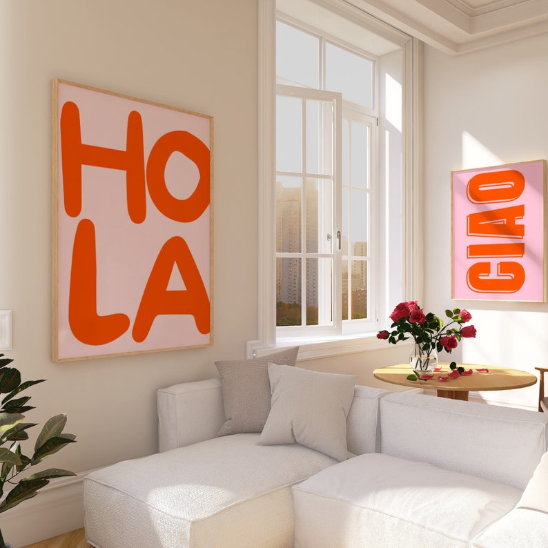 Hola Quote Print, PRINTABLE Wall Art, Pink Orange Decor, Spanish Phrase ...