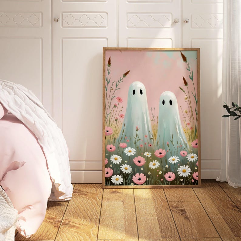 Cute Ghost Print Pink Halloween Decor Spooky Wildflowers Wall Art ...