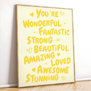 You Are Amazing Poster Yellow Affirmation Quote Print 70s Pink Wall Art ...