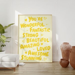 You Are Amazing Poster Yellow Affirmation Quote Print 70s Pink Wall Art ...
