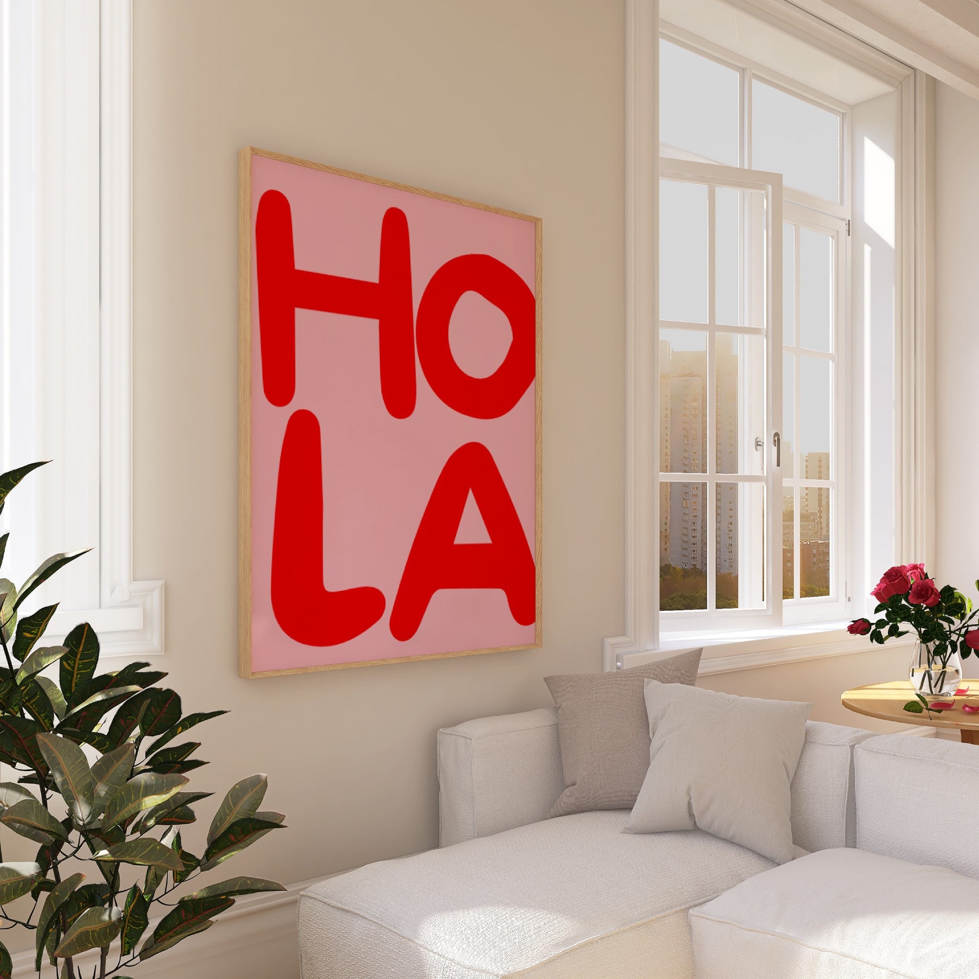 Hola Quote Print, PRINTABLE Wall Art, Pink Red Decor, Spanish Phrase ...