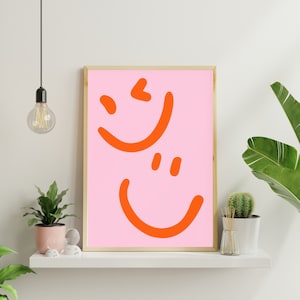 Pink Smiley Face Poster, Pink Orange Preppy Prints, Fun Smileys Wall ...