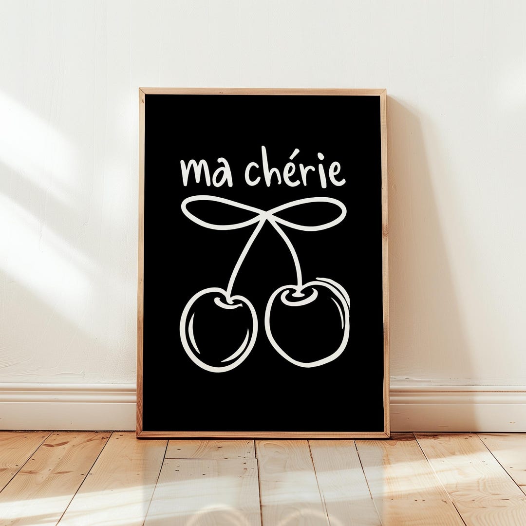 Ma Chérie Wall Print Retro Line Art Black Cherry Illustration ...
