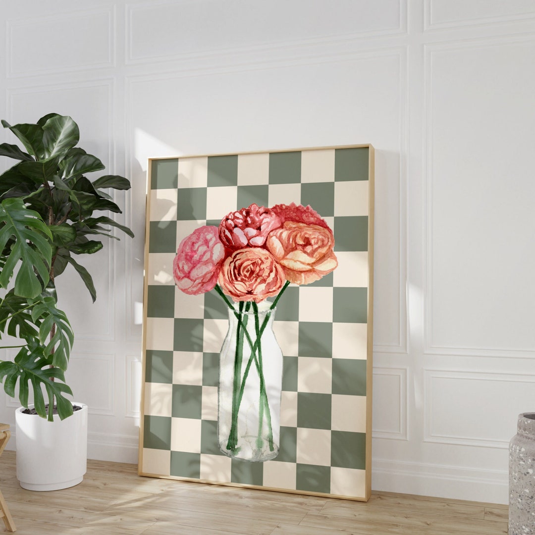 Bouquet of Flowers Print, Checkered Wall Art, Green Floral Art, Girls ...
