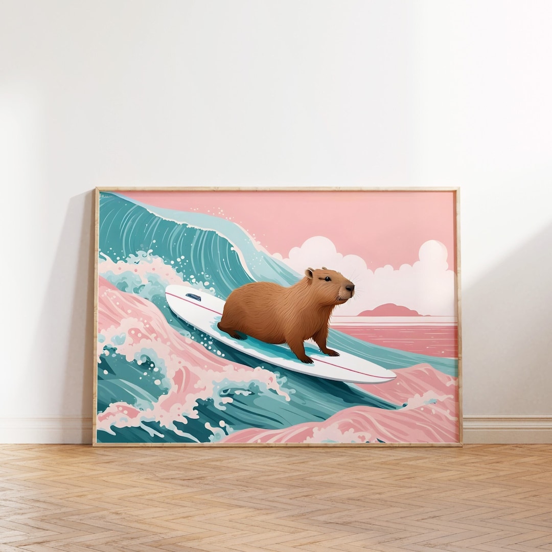 Capybara Print, Capybara Surf Poster, Pink Beachy Decor, Capybara Lover ...