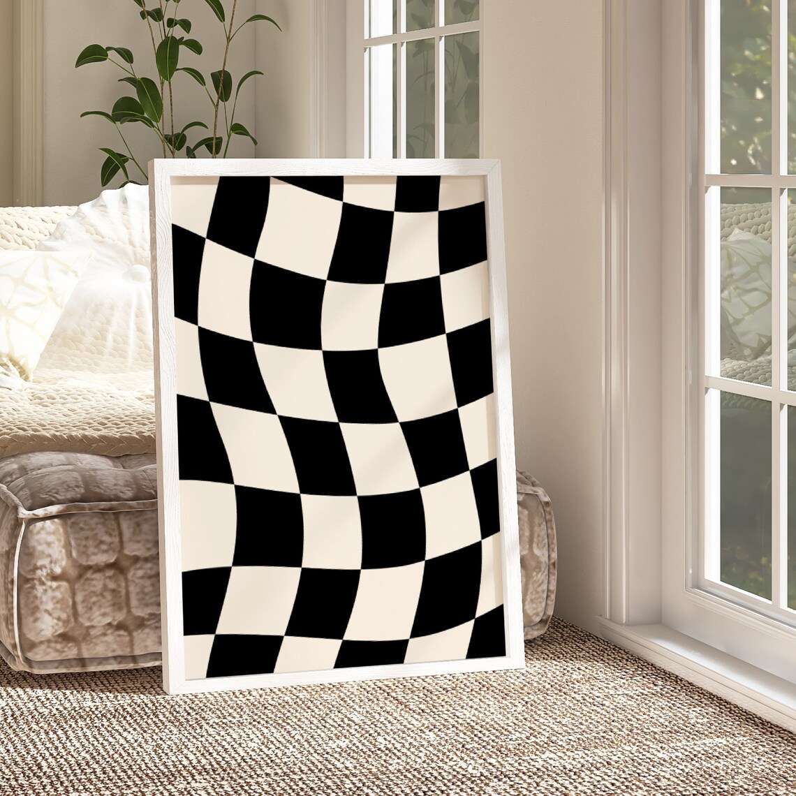 Checkered Wall Art, Beige Checker Art Print, Beige Black Printable Wall ...