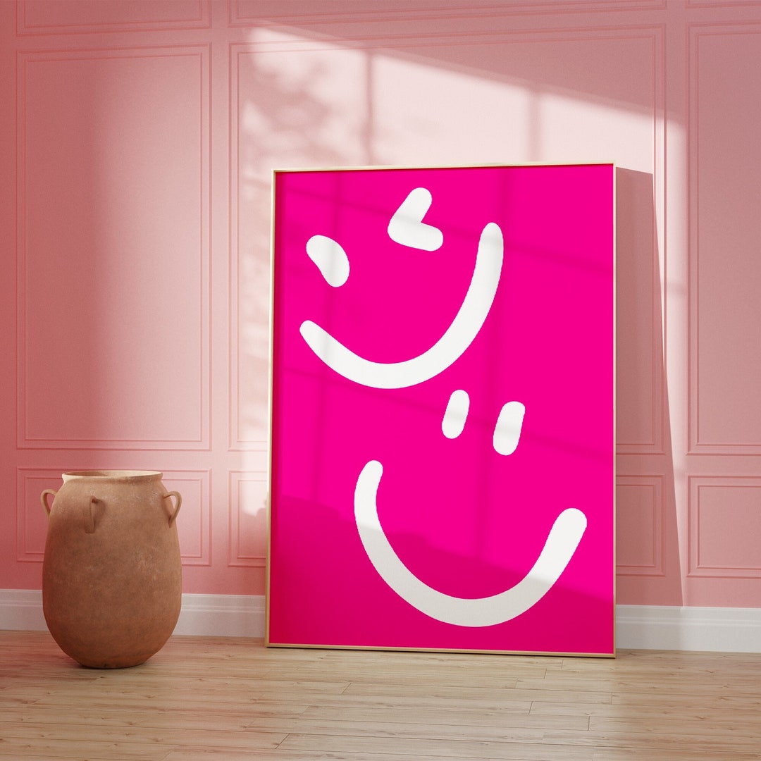 Pink Happy Face Poster, Hot Pink Preppy Prints, Funny Faces Wall Art ...