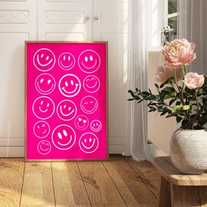 Pink Smiley Face Poster, Hot Pink Preppy Prints, Fun Smileys Wall Art ...