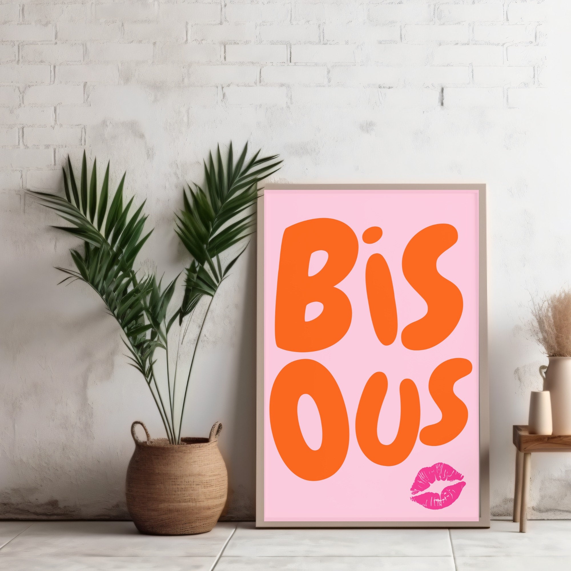 Bisous Print, French Quote Poster, Pink Orange Wall Art, Feminine Wall ...