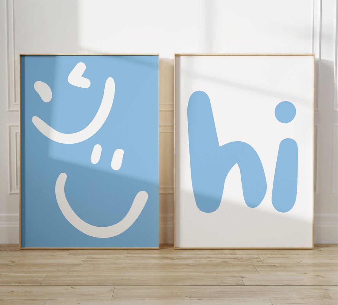Hi Print Set of 3 Prints Light Blue Wall Art Hello Wall Art Hi Posters ...