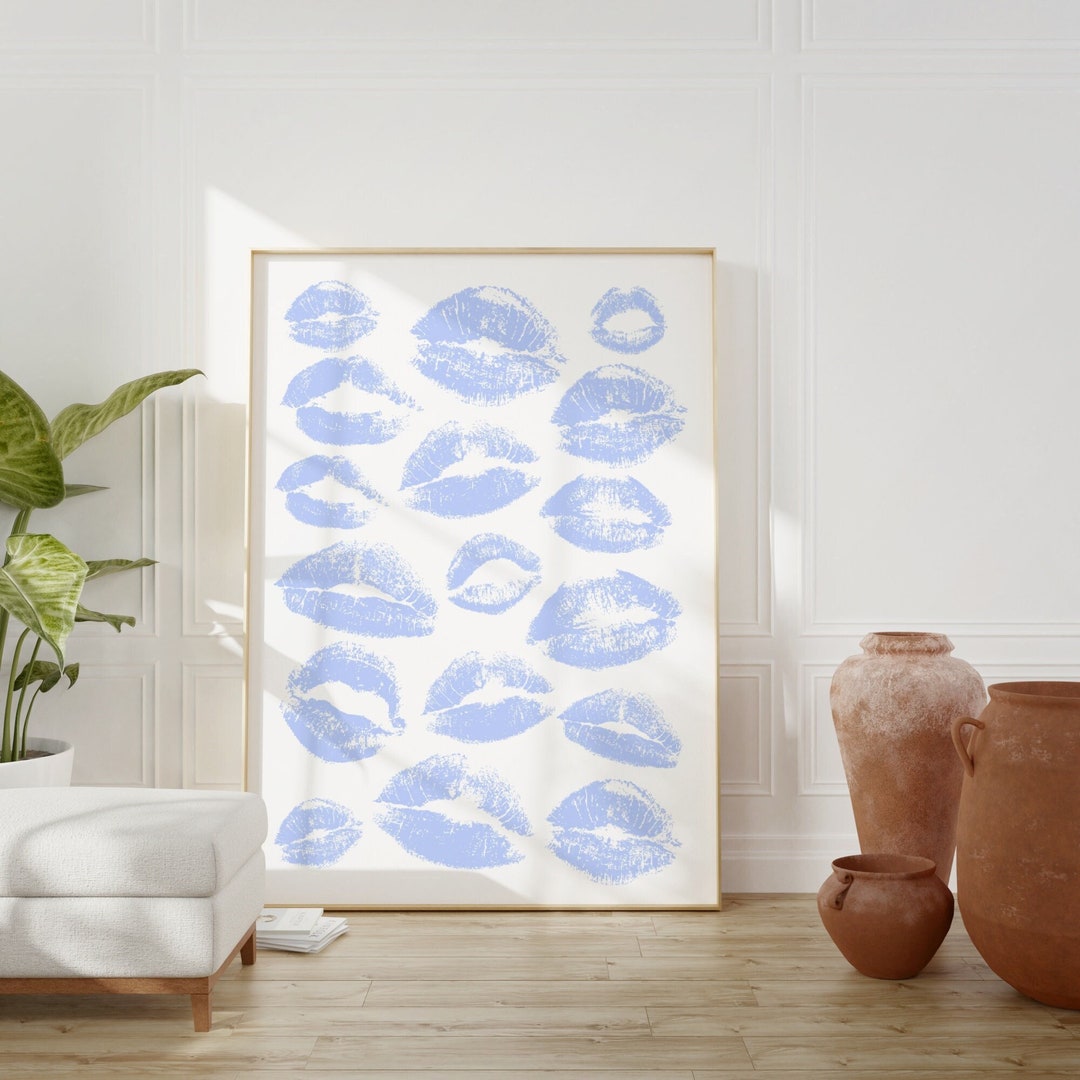 Kiss Lips Wall Art, Blue Lips Print, Trendy Digital Prints, Dorm Room ...