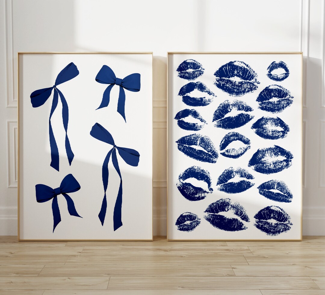 Navy Blue Bow Print, Set of 2 Prints, Kiss Lips Print, Blue Bows Wall ...