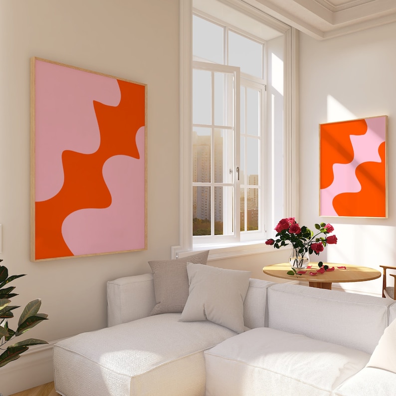 Pink Orange Abstract Print, Preppy Poster, Set of 2 Prints, Trendy Pink ...