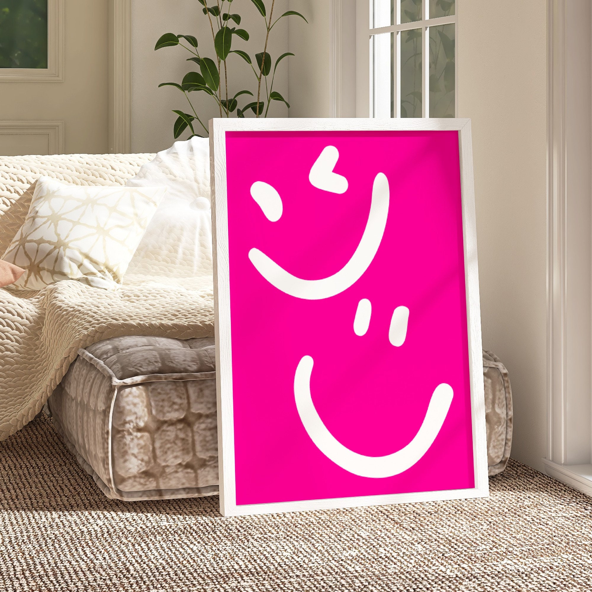 Pink Happy Face Poster, Hot Pink Preppy Prints, Funny Faces Wall Art ...