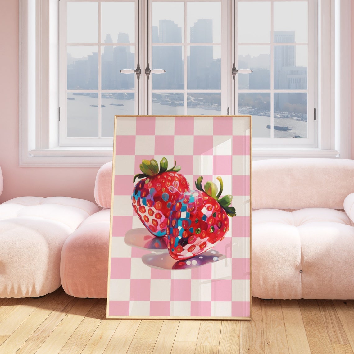 Strawberry Print, Checkered Wall Art, Pink Checker Art Print, Pink ...