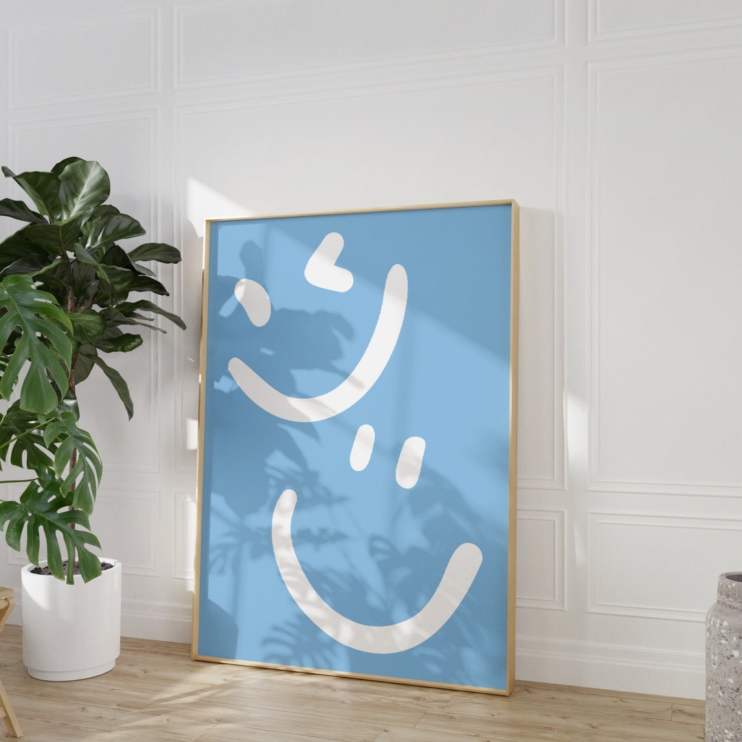 Blue Smile Poster Light Blue Preppy Prints Fun Happy Face Wall Art ...