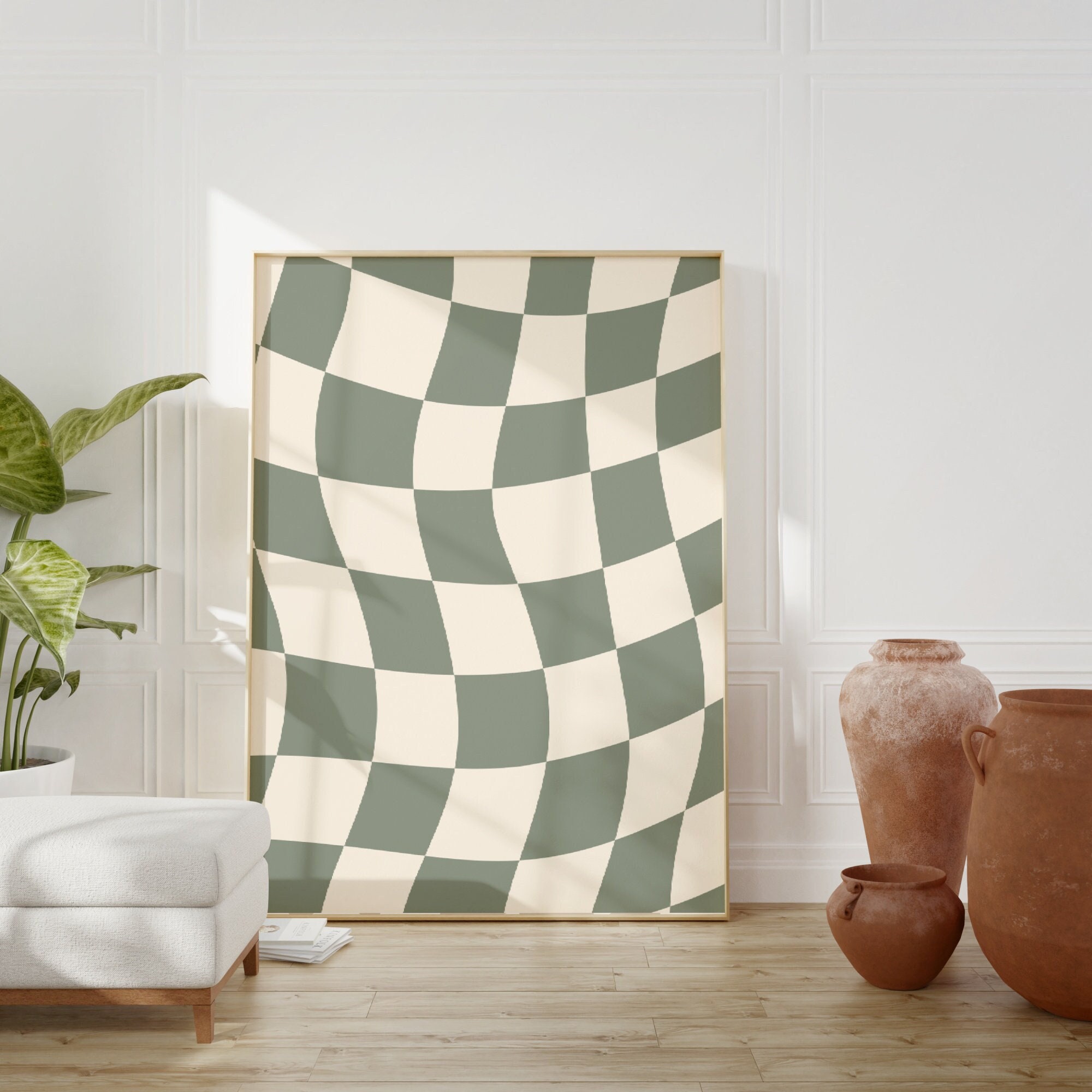 Checkered Wall Art, Sage Green Checker Art Print, Beige Printable Wall ...