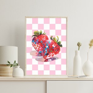 Strawberry Print, Checkered Wall Art, Pink Checker Art Print, Pink ...