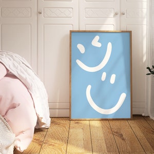 Blue Smile Poster Light Blue Preppy Prints Fun Happy Face Wall Art ...