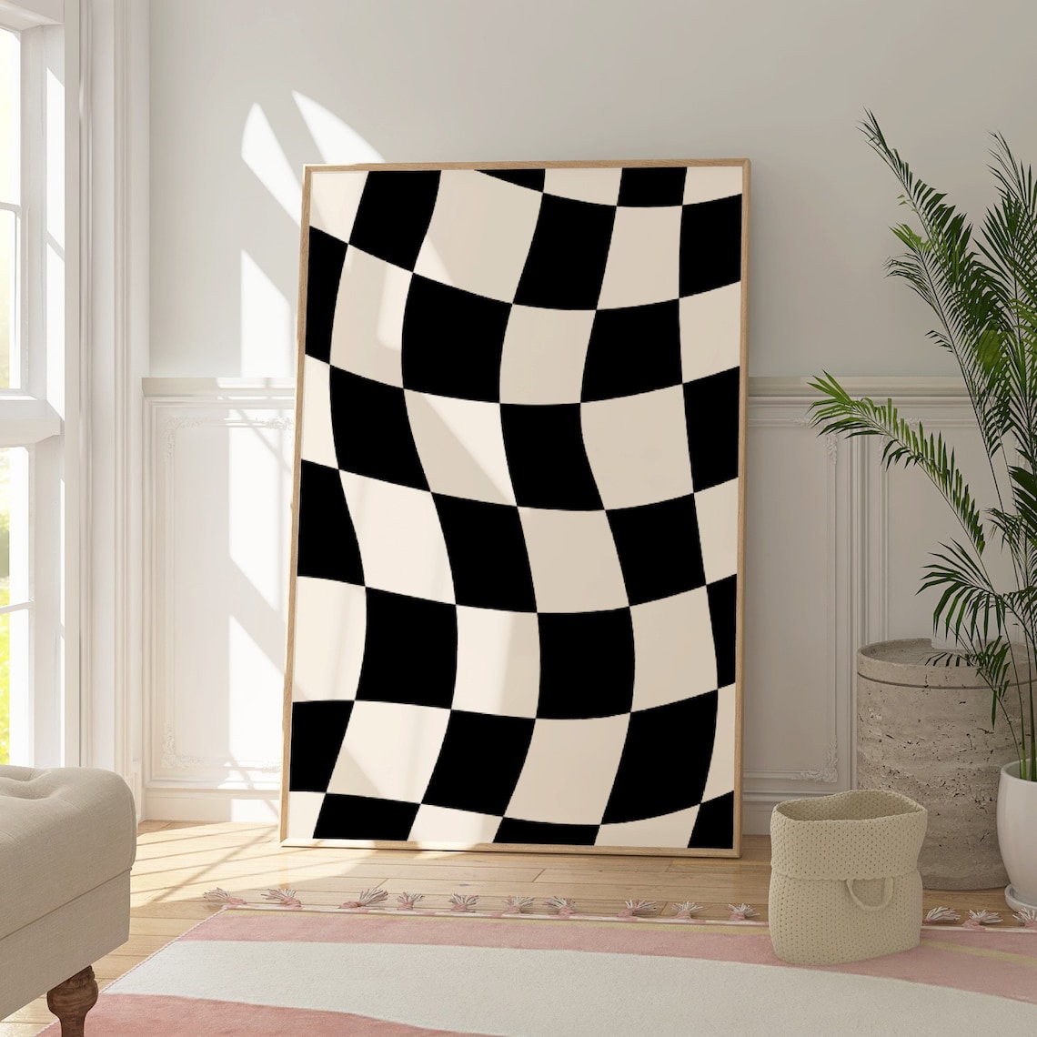 Checkered Wall Art, Beige Checker Art Print, Beige Black Printable Wall ...