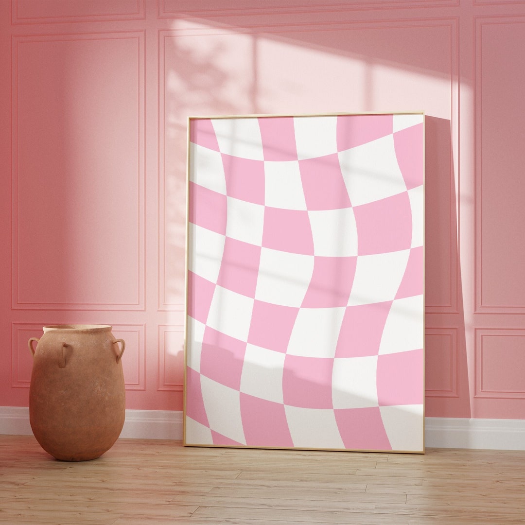 Checkered Wall Art, Pink Checker Art Print, Blush Pink Printable Wall ...