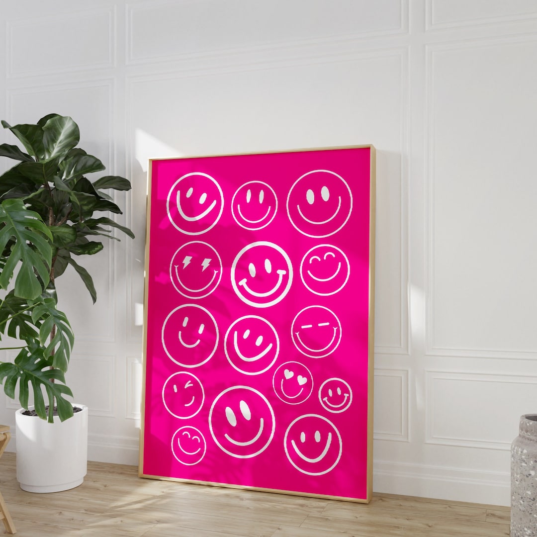 Pink Smiley Face Poster, Hot Pink Preppy Prints, Fun Smileys Wall Art ...