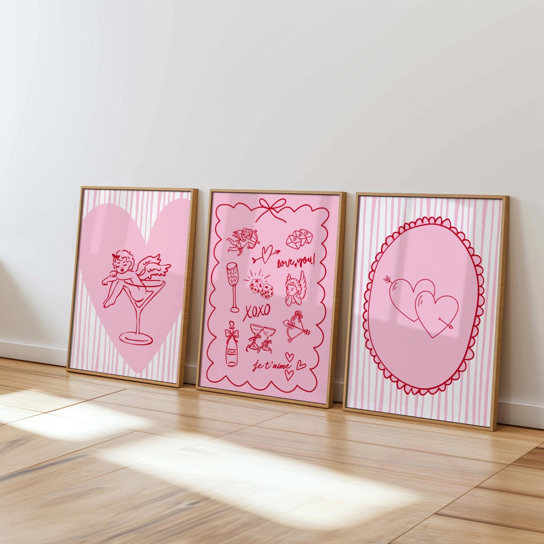 Red Love Prints Set of 3 Doodle Heart Wall Art Pastel Valentine's Day ...