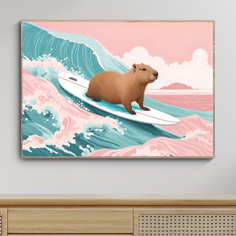 Capybara Print, Capybara Surf Poster, Pink Beachy Decor, Capybara Lover ...
