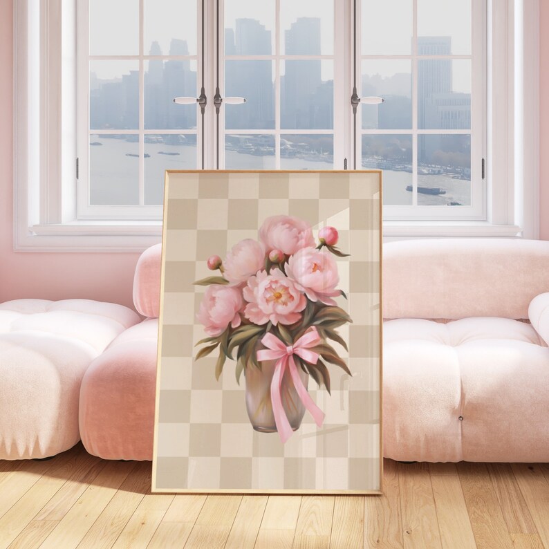 Bouquet of Flowers Print, Checkered Wall Art, Peonies Floral Art, Girls ...