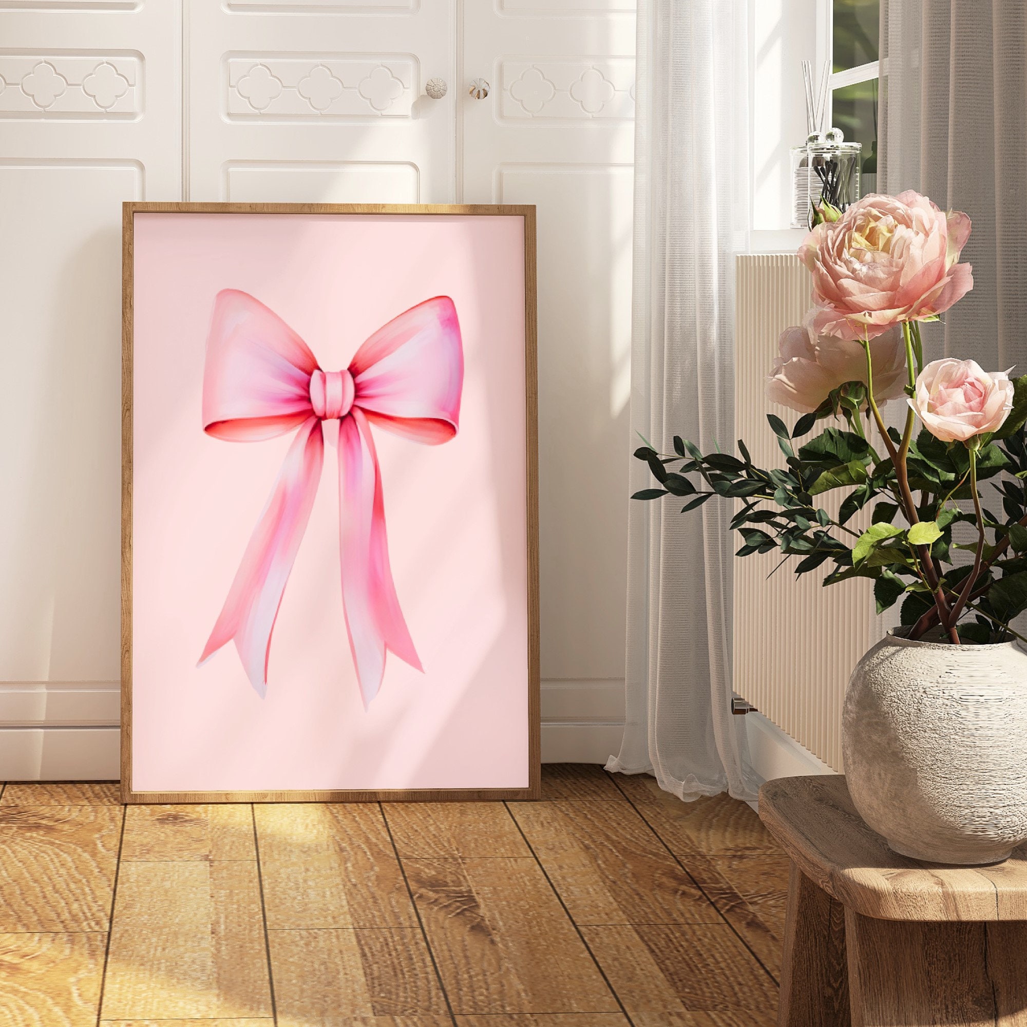Pink Bow Print, Preppy Aesthetic Wall Art, Teen Room Decor, Watercolor ...