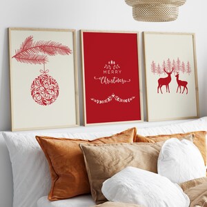 Christmas Print Set of 3, Red Christmas Printable Wall Art, Xmas Home ...