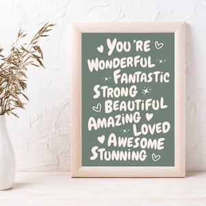 You Are Amazing Print, Sage Green Wall Art, Funky 70s Pink Wall Art ...