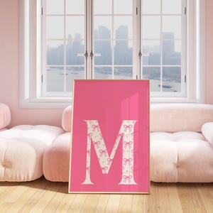 Letter M Initial Poster Pink Preppy Bow Wall Art M Initial Print Cute ...
