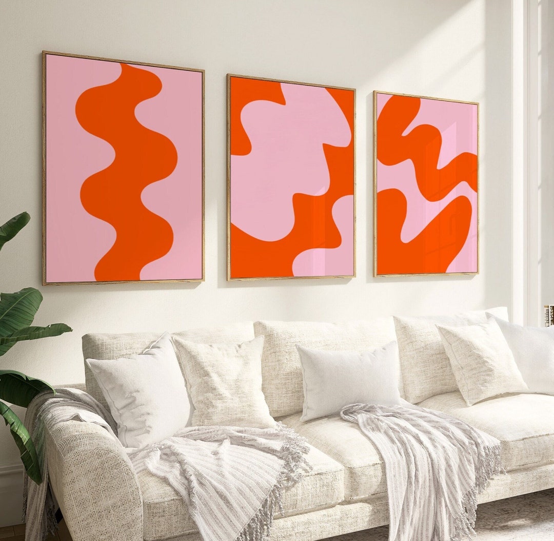 Pink Orange Abstract Print, Preppy Poster, Set of 3 Prints, Trendy Pink ...