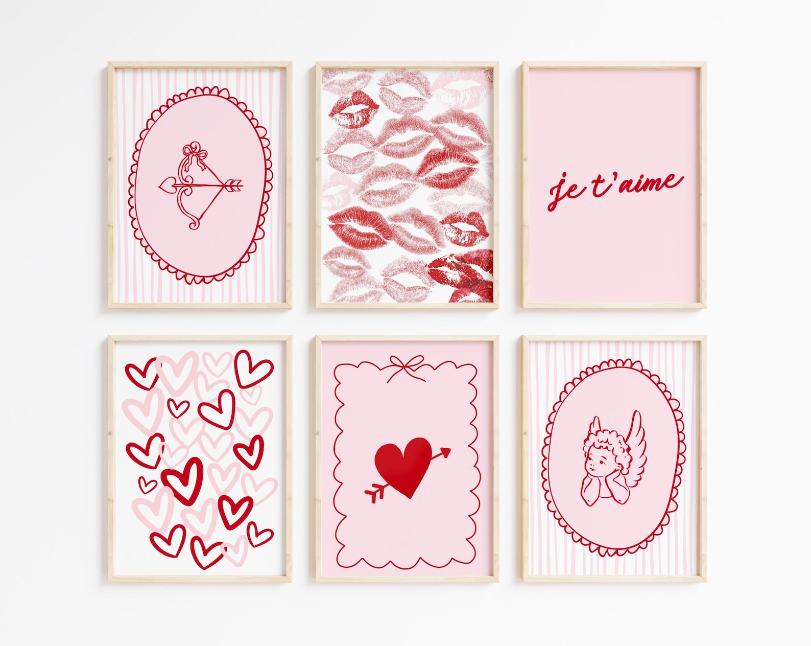 Set of 6 Red Love Prints Hearts and Kisses Wall Art Valentine's Day ...