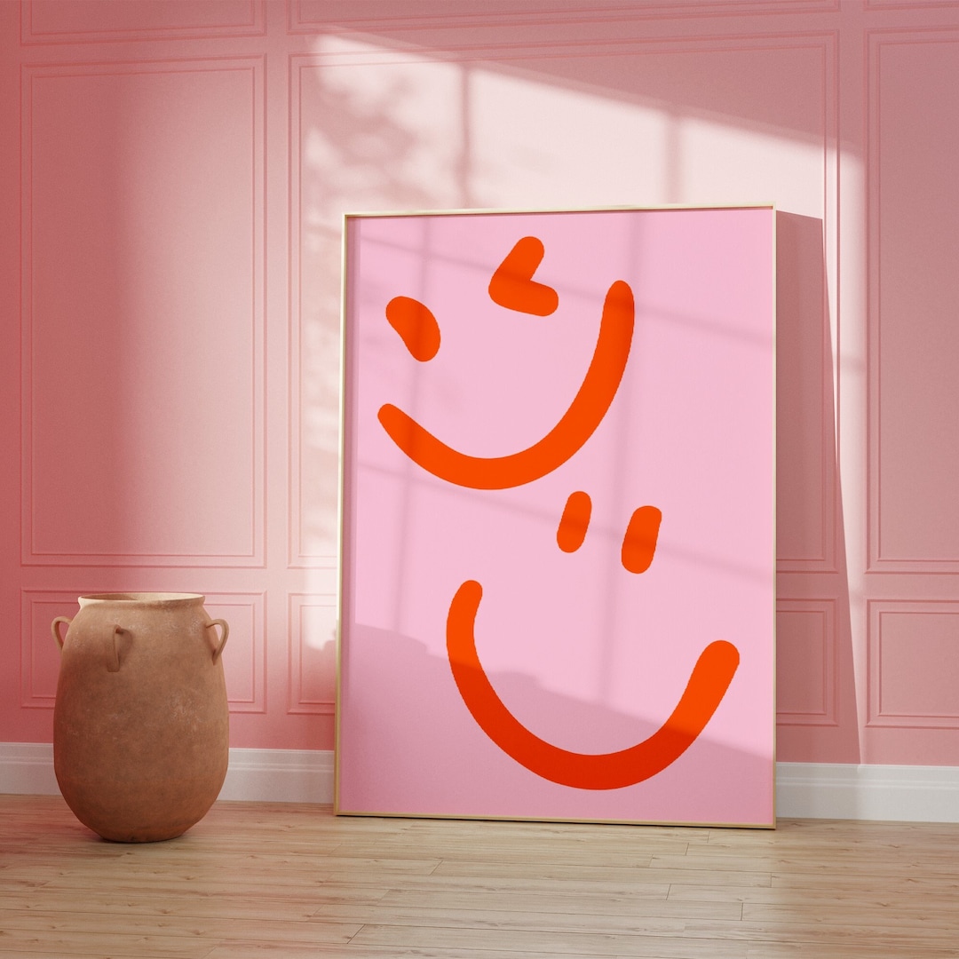 Pink Smiley Face Poster, Pink Orange Preppy Prints, Fun Smileys Wall ...