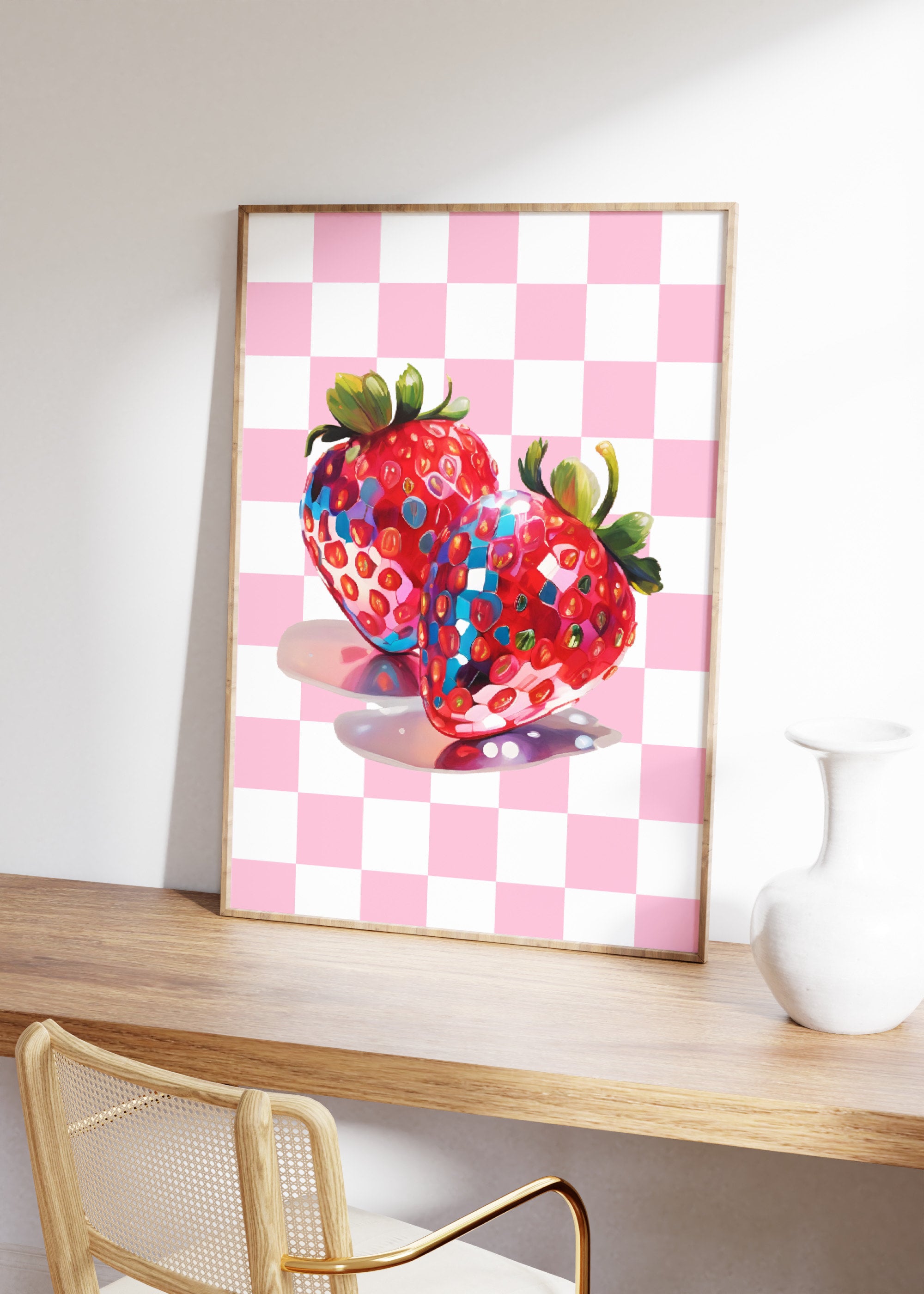 Strawberry Print, Checkered Wall Art, Pink Checker Art Print, Pink ...