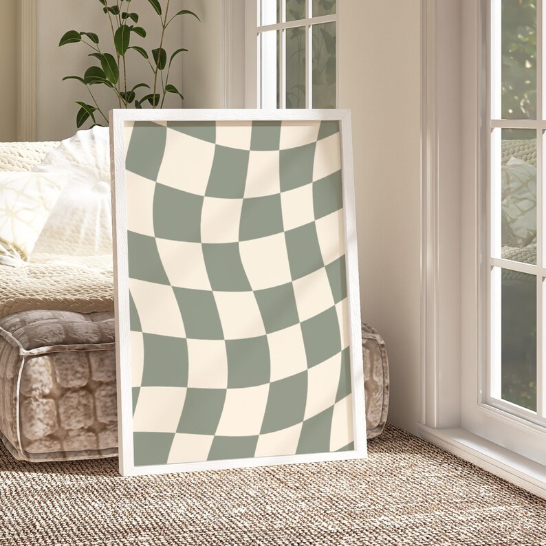 Checkered Wall Art, Sage Green Checker Art Print, Beige Printable Wall ...