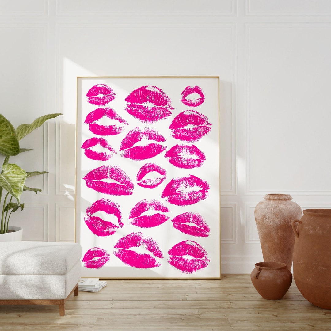 Kiss Lips Wall Art, Pink Lips Print, Trendy Digital Prints, Dorm Poster ...
