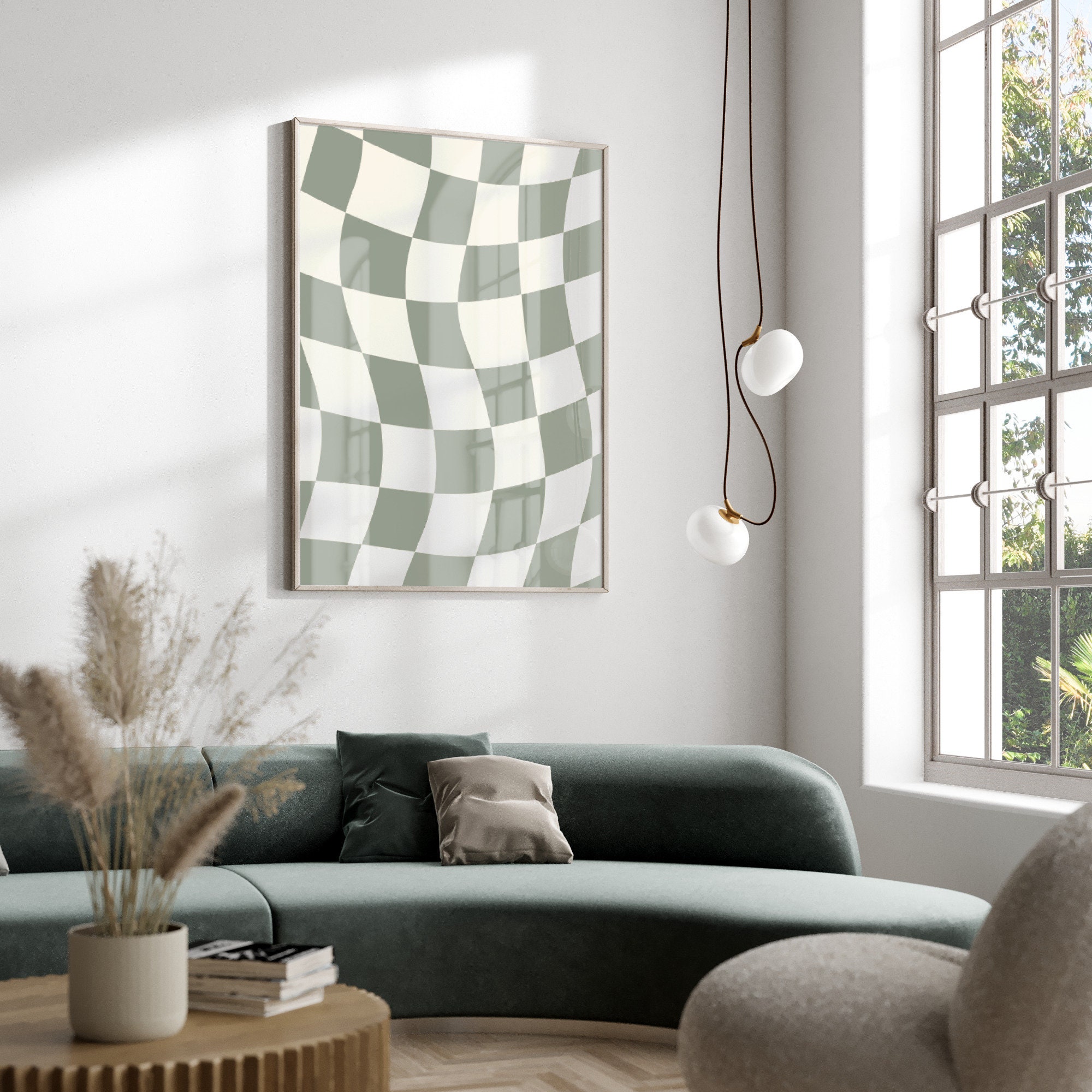 Checkered Wall Art, Sage Green Checker Art Print, Beige Printable Wall ...
