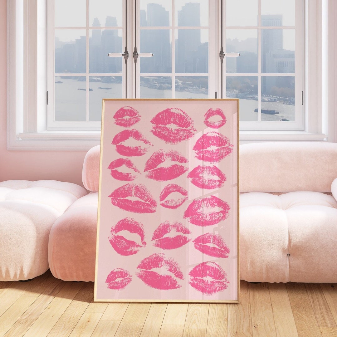 Kiss Lips Wall Art, Pink Lips Print, Trendy Digital Prints, Preppy Dorm ...