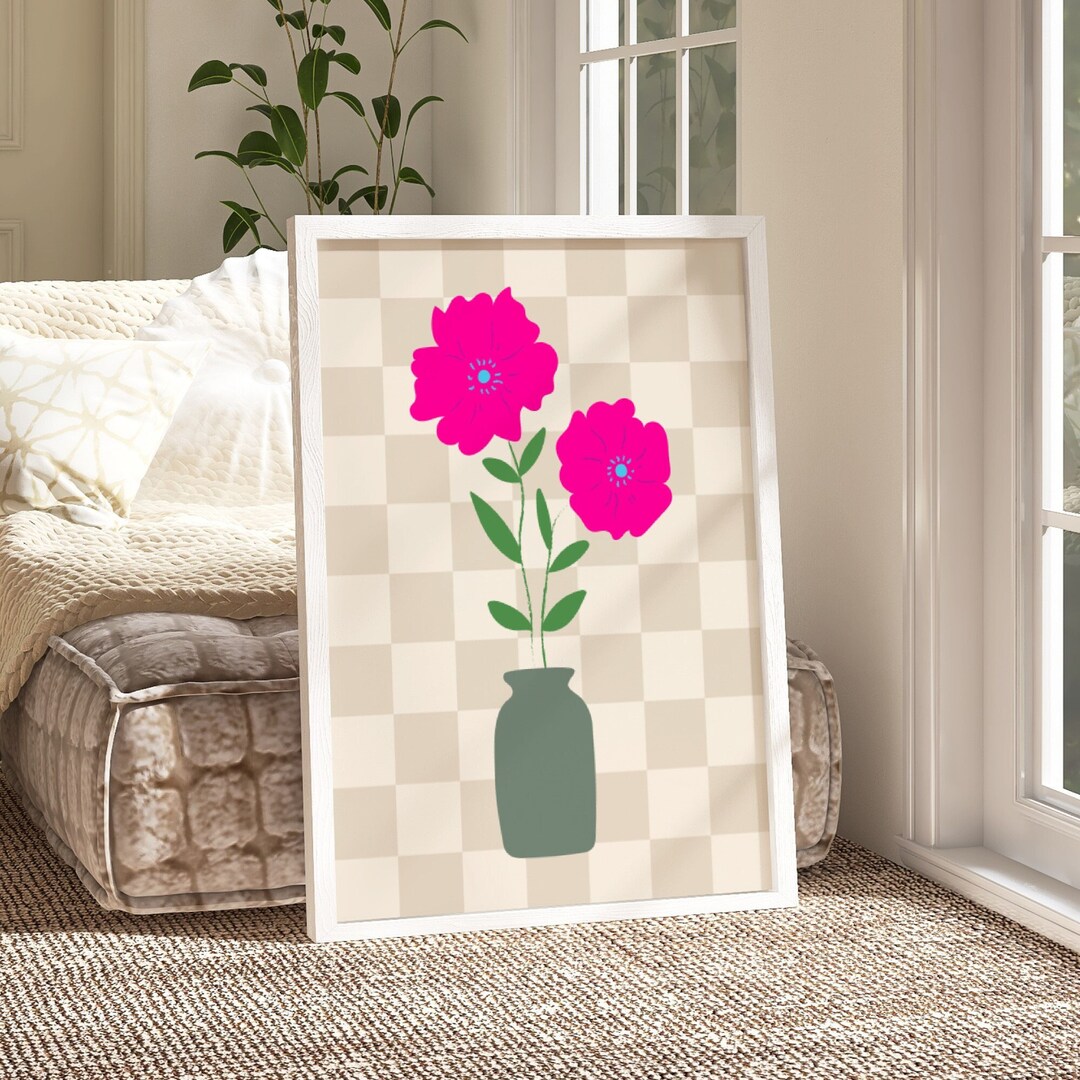 Bouquet of Flowers Print, Checkered Wall Art, Pink Beige Floral Art ...