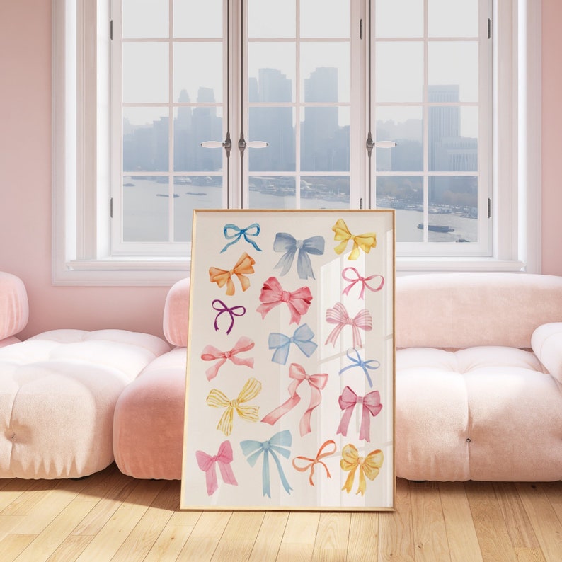 Pink Bow Print, Pastel Preppy Aesthetic Wall Art, Teen Room Decor ...